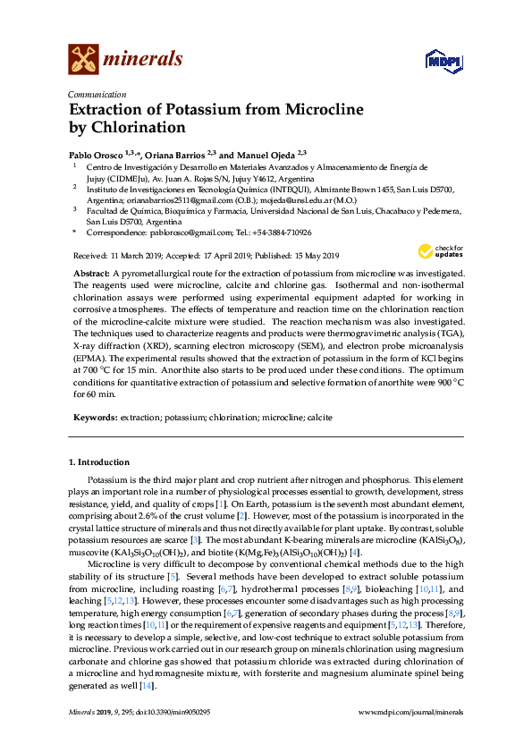 (PDF) Extraction of Potassium from Microcline by Chlorination