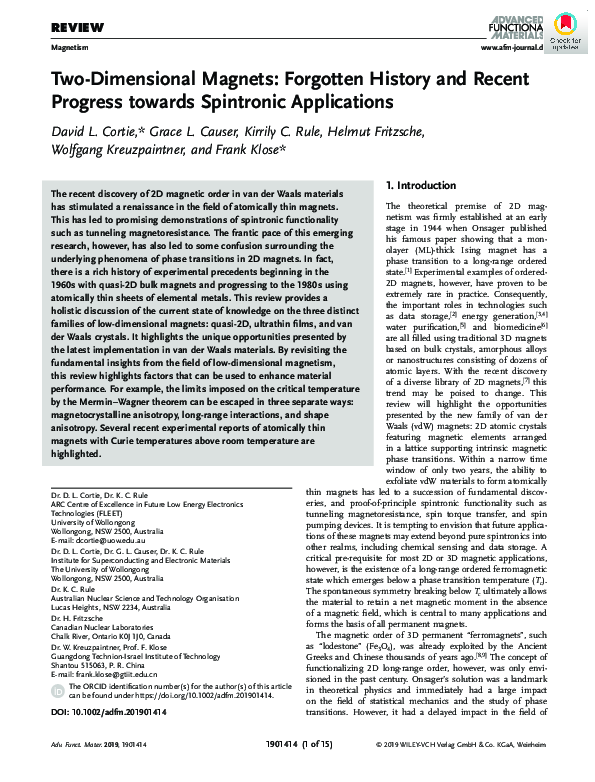 (PDF) Two‐Dimensional Magnets: Forgotten History and Recent Progress ...