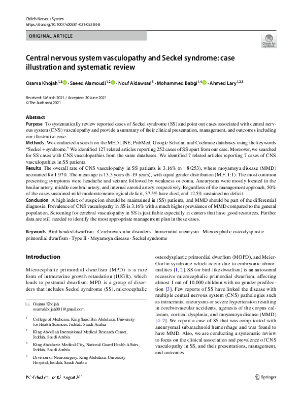 (PDF) Central nervous system vasculopathy and Seckel syndrome: case ...