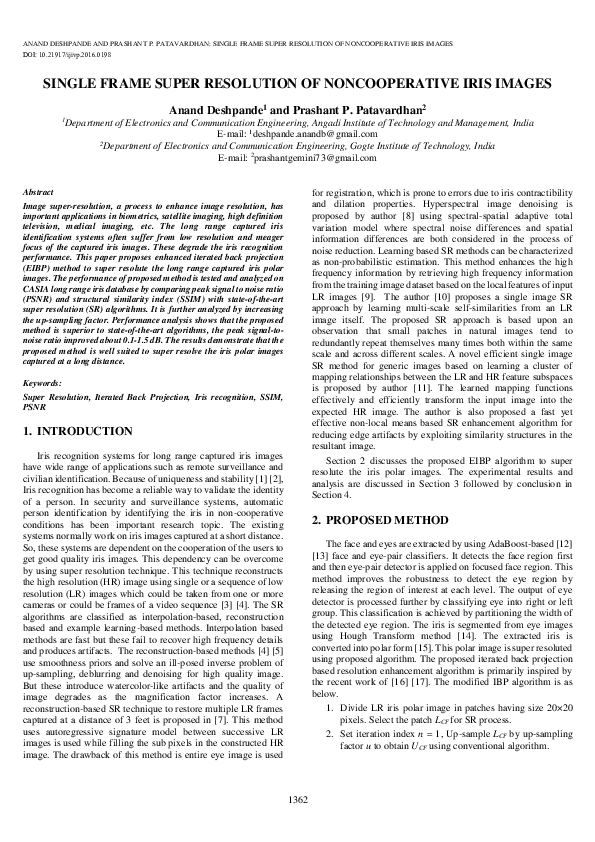 (PDF) Single Frame Super Resolution of Noncooperative Iris Images | Prashant Patavardhan ...