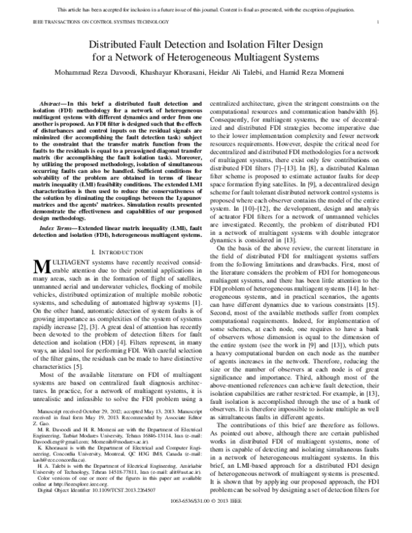 (PDF) Distributed Fault Detection and Isolation Filter Design for a ...