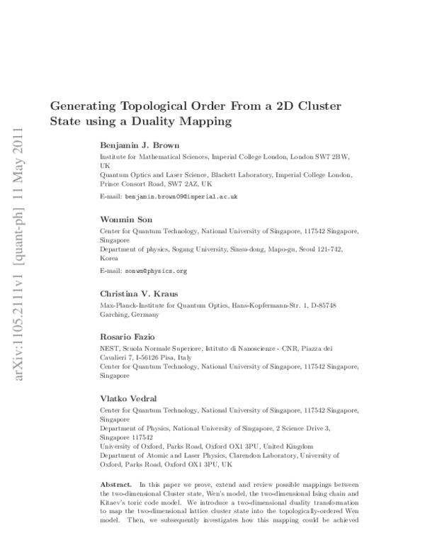 (PDF) Generating topological order from a two-dimensional cluster state ...