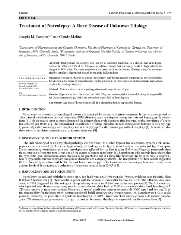 (PDF) Treatment of Narcolepsy: A Rare Disease of Unknown Etiology