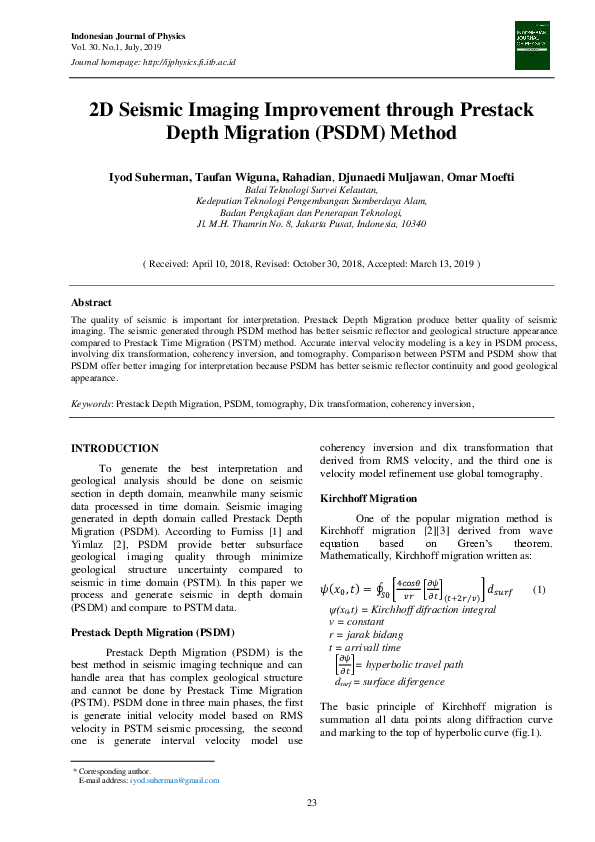 (PDF) 2D Seismic Imaging Improvement through Prestack Depth Migration (PSDM) Method