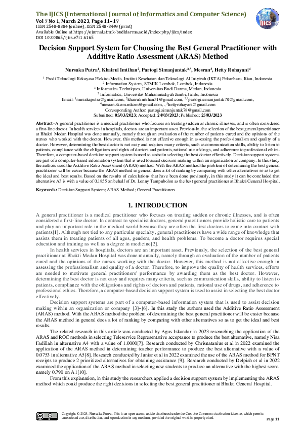 (PDF) Decision Support System for Choosing the Best General Practitioner with Additive Ratio ...