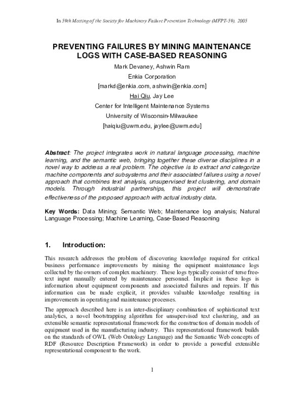 (PDF) Preventing failures by mining maintenance logs with case-based reasoning