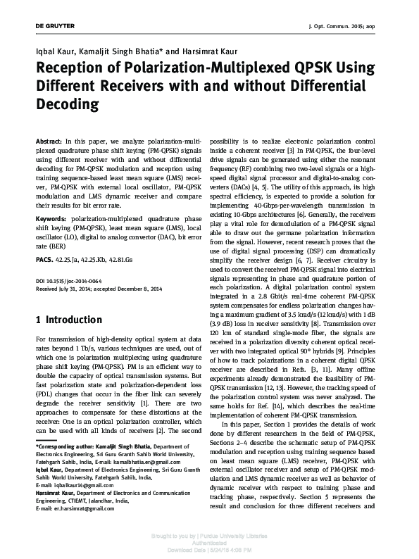 Pdf Reception Of Polarization Multiplexed Qpsk Using Different Receivers With And Without