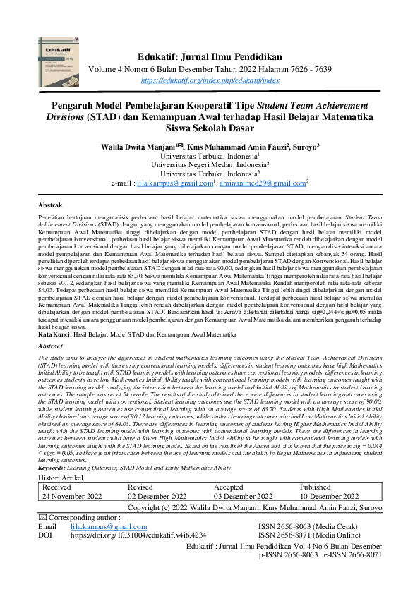 (PDF) Pengaruh Model Pembelajaran Kooperatif Tipe Student Team Achievement Divisions (Stad) Dan ...