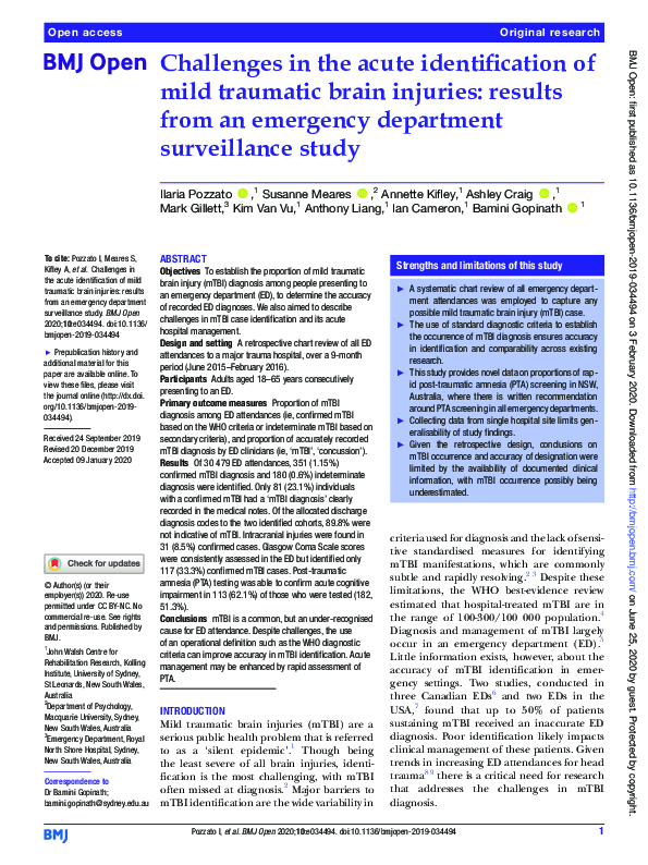 (PDF) Challenges in the acute identification of mild traumatic brain ...