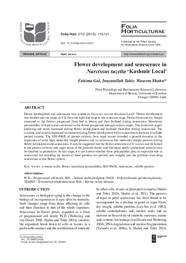 (PDF) Flower development and senescence in Narcissus tazetta ‘Kashmir Local’