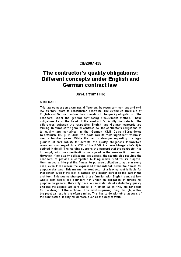 The contractor's quality obligations: Different concepts under English ...