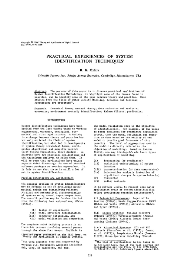(PDF) Practical Experiences of System Identification Techniques 1