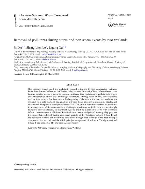 (PDF) Removal of pollutants during storm and non-storm events by two wetlands | Shang-lien Lo ...