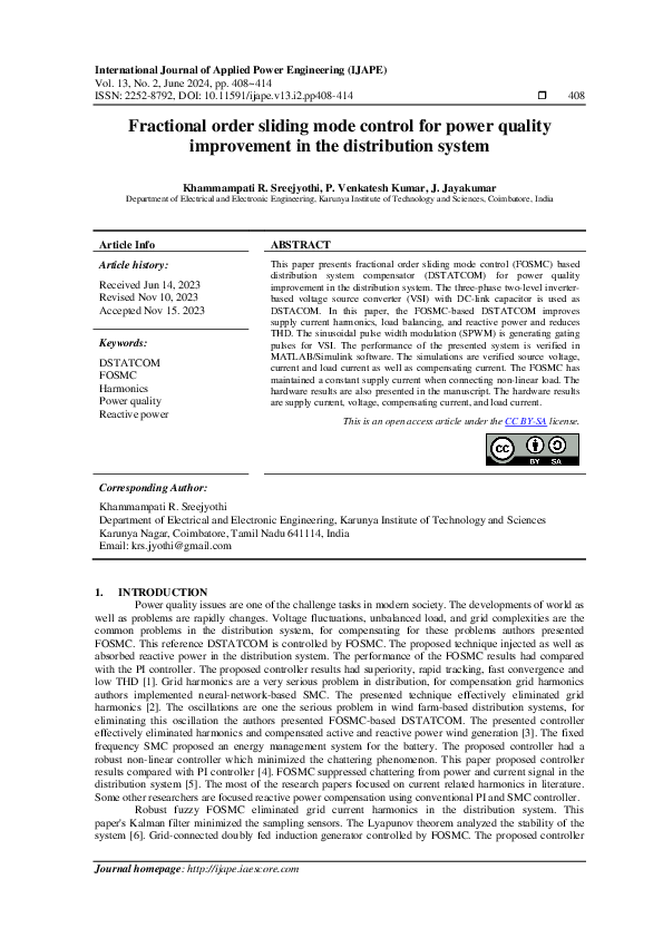 (PDF) Fractional order sliding mode control for power quality improvement in the distribution system