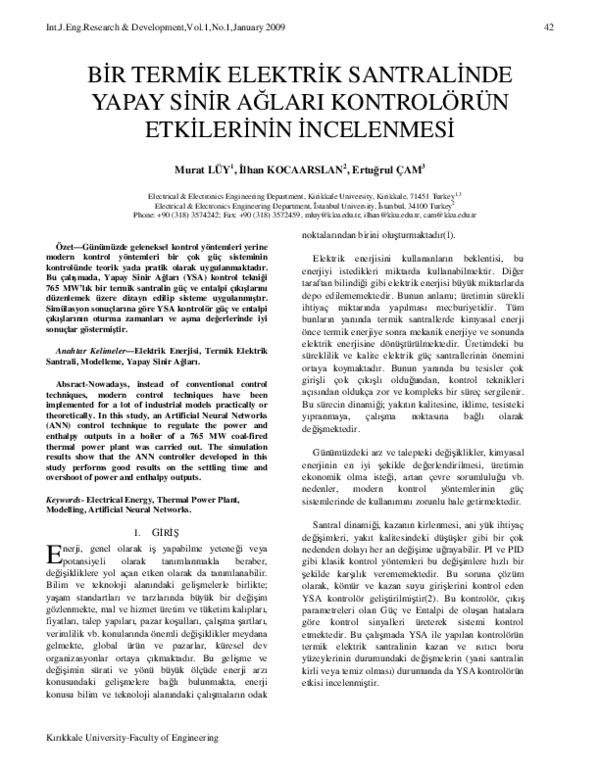 (PDF) Bir Termik Elektrik Santralinde Yapay Sinir Ağları Kontrolörün ...