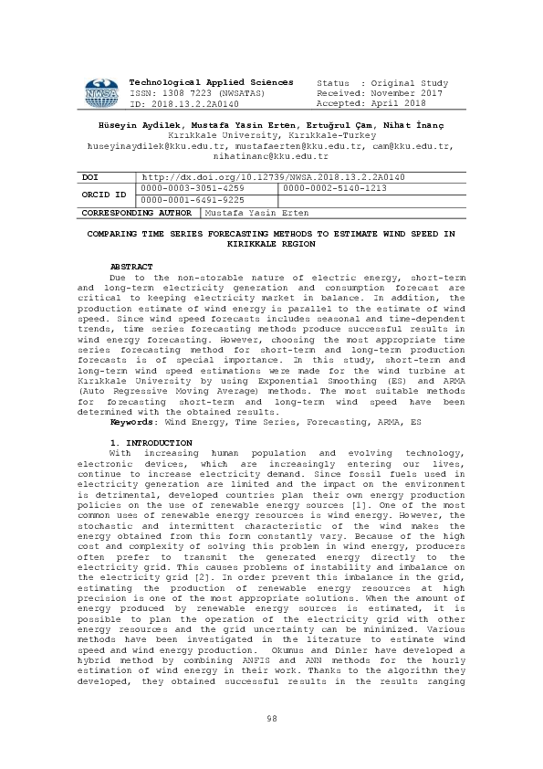 Pdf Comparing Time Series Forecasting Methods To Estimate Wind Speed In Kirikkale Region