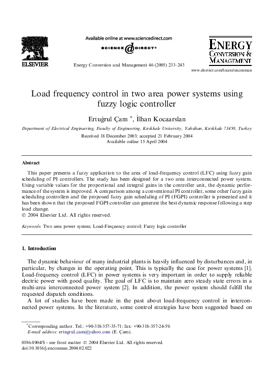 Pdf Load Frequency Control In Two Area Power Systems Using Fuzzy Logic Controller