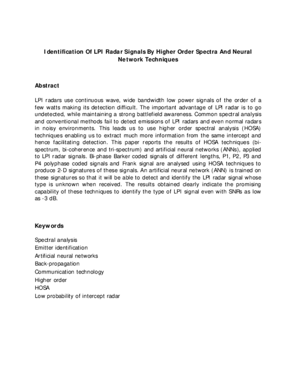 (PDF) Identification of LPI radar signals by higher order spectra and ...