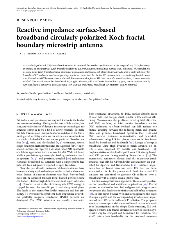 (PDF) Reactive impedance surface-based broadband circularly polarized Koch fractal boundary ...