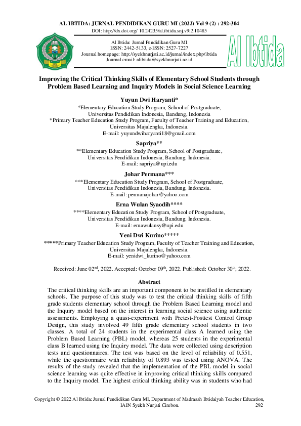 (PDF) Improving the Critical Thinking Skills of Elementary School Students through Problem Based ...