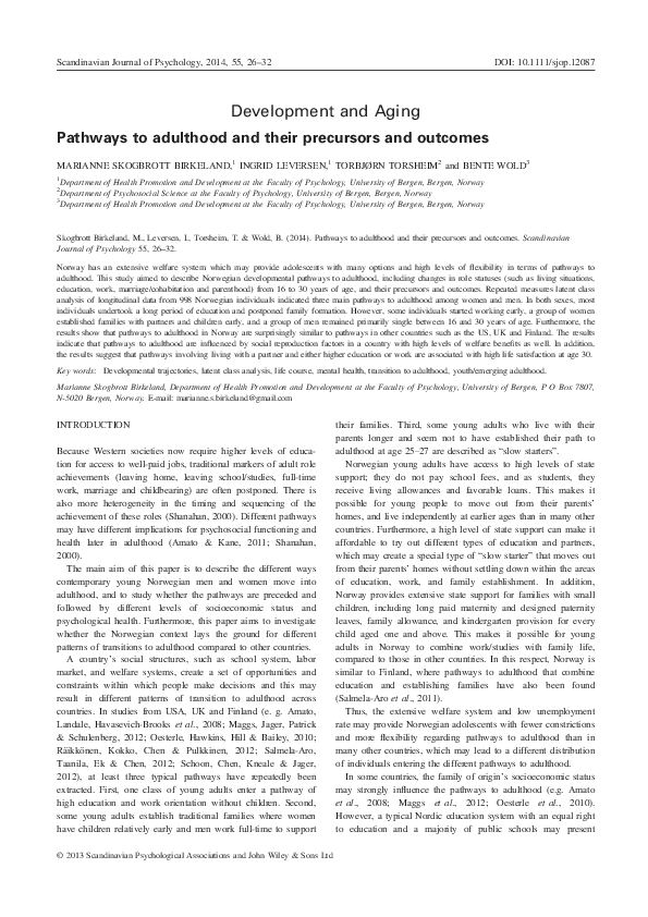 (PDF) Pathways to adulthood and their precursors and outcomes