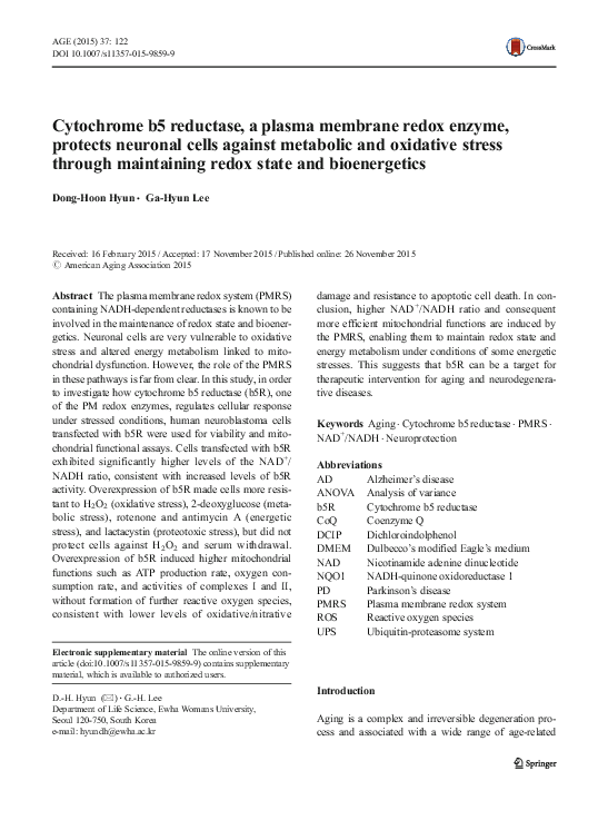 (PDF) Cytochrome b5 reductase, a plasma membrane redox enzyme, protects ...