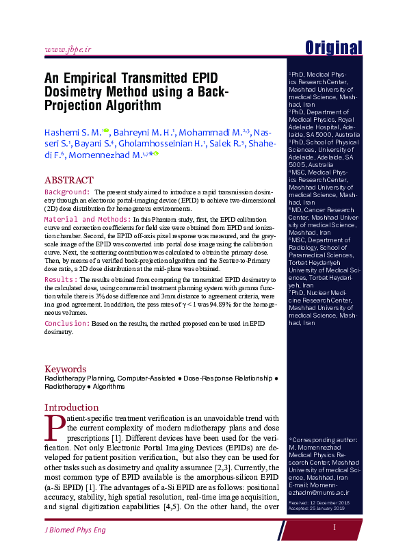 (PDF) An Empirical Transmitted EPID Dosimetry Method using a Back- Projection Algorithm