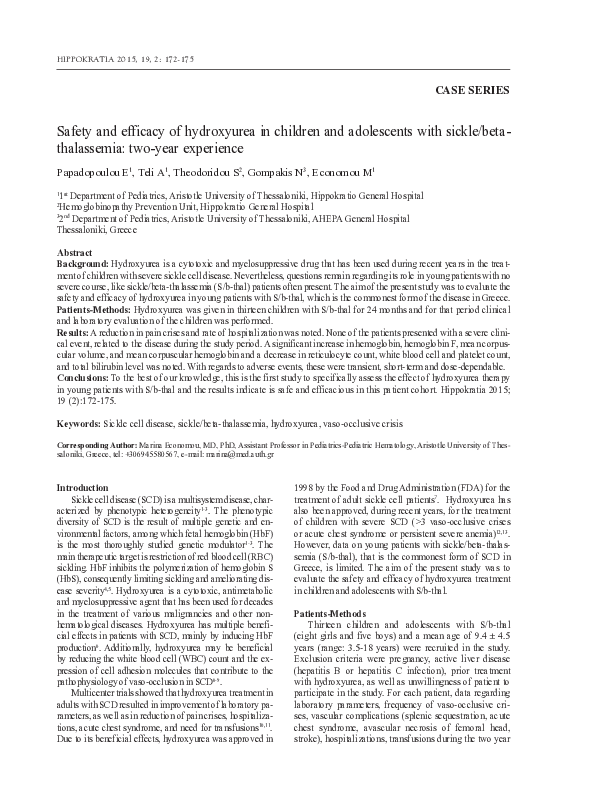 (PDF) Safety and efficacy of hydroxyurea in children and adolescents ...