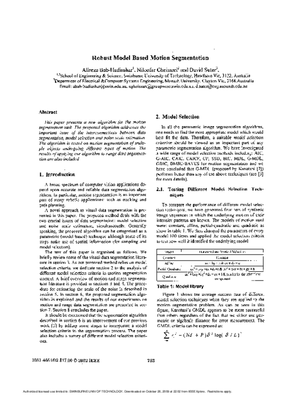 Pdf Robust Model Based Motion Segmentation