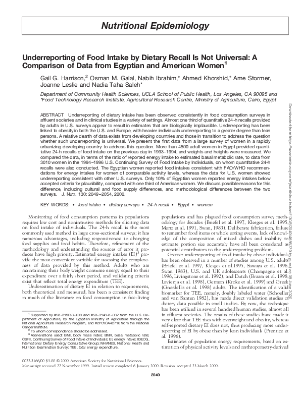 (PDF) Underreporting of Food Intake by Dietary Recall Is Not Universal ...