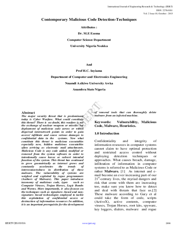 (PDF) Contemporary Malicious Code Detection-Techniques