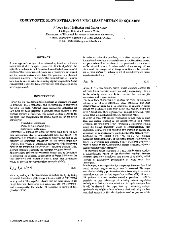 (PDF) Robust optic flow estimation using least median of squares