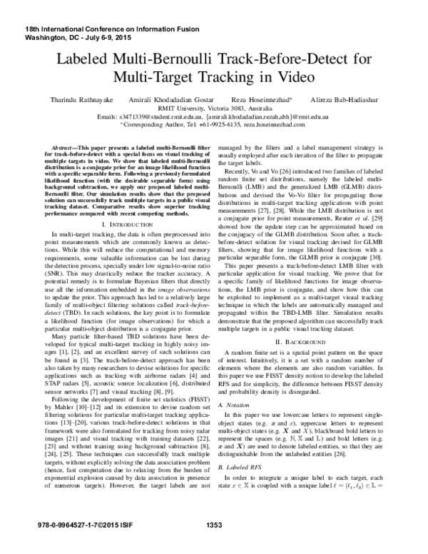 (PDF) Labeled Multi-Bernoulli Track-Before-Detect for Multi-Target Tracking in Video | Alireza ...