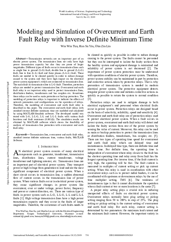 (PDF) Modeling and Simulation of Overcurrent and Earth Fault Relay with Inverse Definite Minimum ...