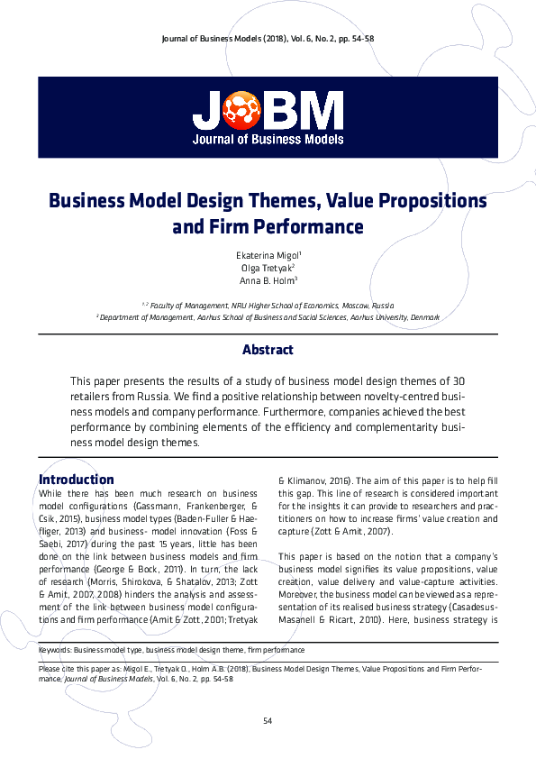 (PDF) Business Model Design Themes, Value Propositions and Firm Performance