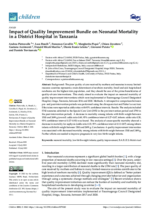 (PDF) Impact of Quality Improvement Bundle on Neonatal Mortality in a District Hospital in Tanzania