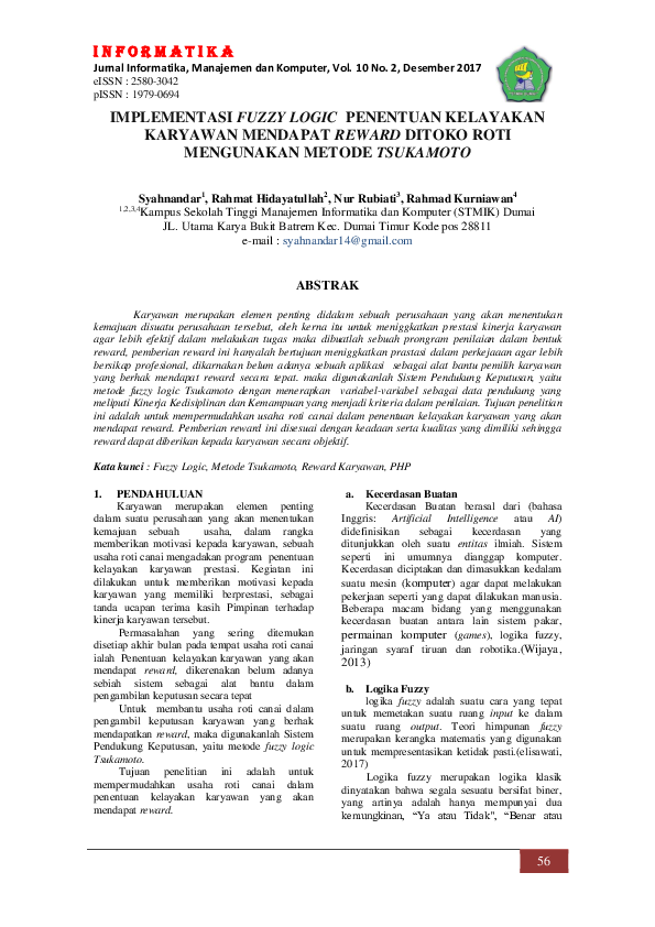 (PDF) Implementasi Fuzzy Logic Penentuan Kelayakan Karyawan Mendapat Reward Ditoko Roti ...