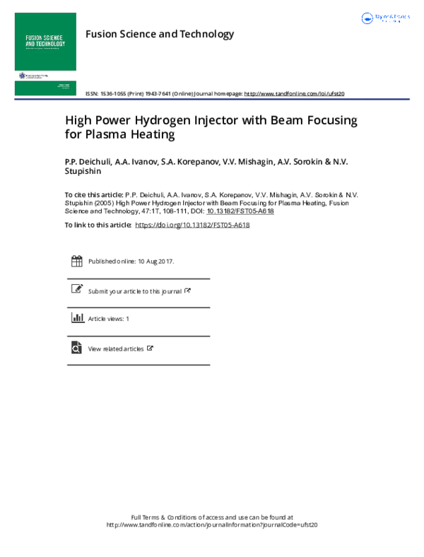 (PDF) High Power Hydrogen Injector with Beam Focusing for Plasma Heating