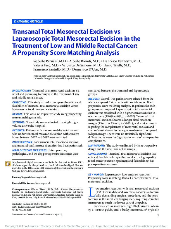 (PDF) Transanal Total Mesorectal Excision vs Laparoscopic Total Mesorectal Excision in the ...
