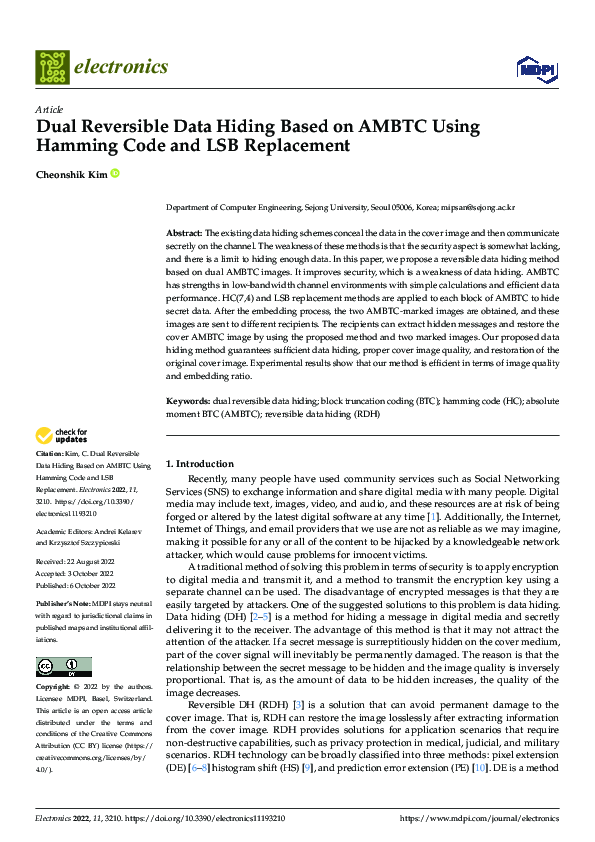(PDF) Dual Reversible Data Hiding Based on AMBTC Using Hamming Code and LSB Replacement