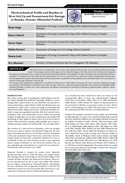 (PDF) Physicochemical Profile and Benthos of River Giri Up and ...