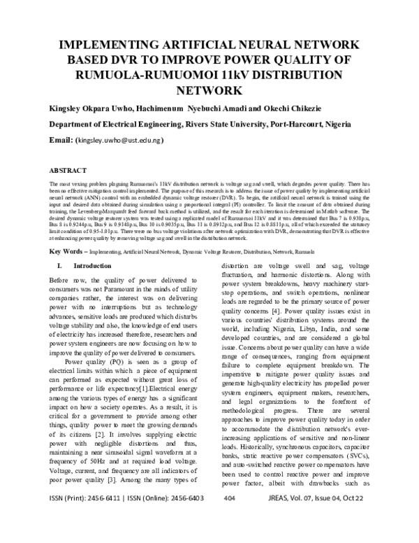 (PDF) IMPLEMENTING ARTIFICIAL NEURAL NETWORK BASED DVR TO IMPROVE POWER QUALITY OF RUMUOLA ...