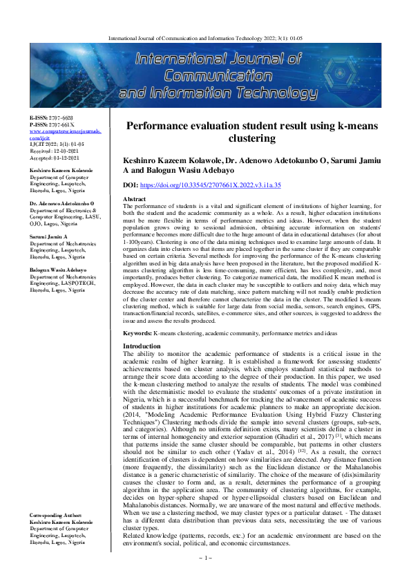 (PDF) Performance evaluation student result using k-means clustering