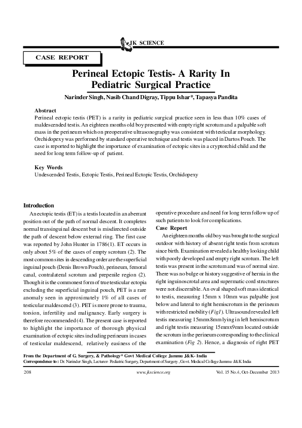 (PDF) Perineal Ectopic Testis- A Rarity In Pediatric Surgical Practice