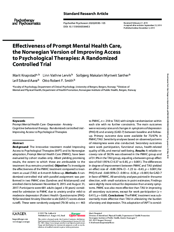 (PDF) Effectiveness of Prompt Mental Health Care, the Norwegian Version ...