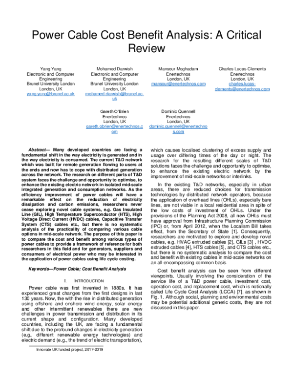 (PDF) Power Cable Cost Benefit Analysis: A Critical Review