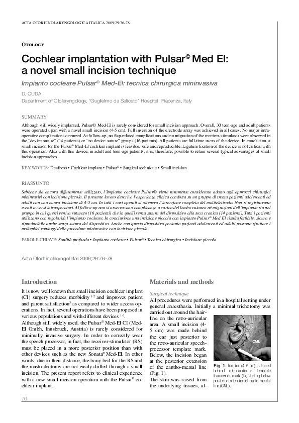 (PDF) Cochlear implantation with Pulsar Med El: a novel small incision ...