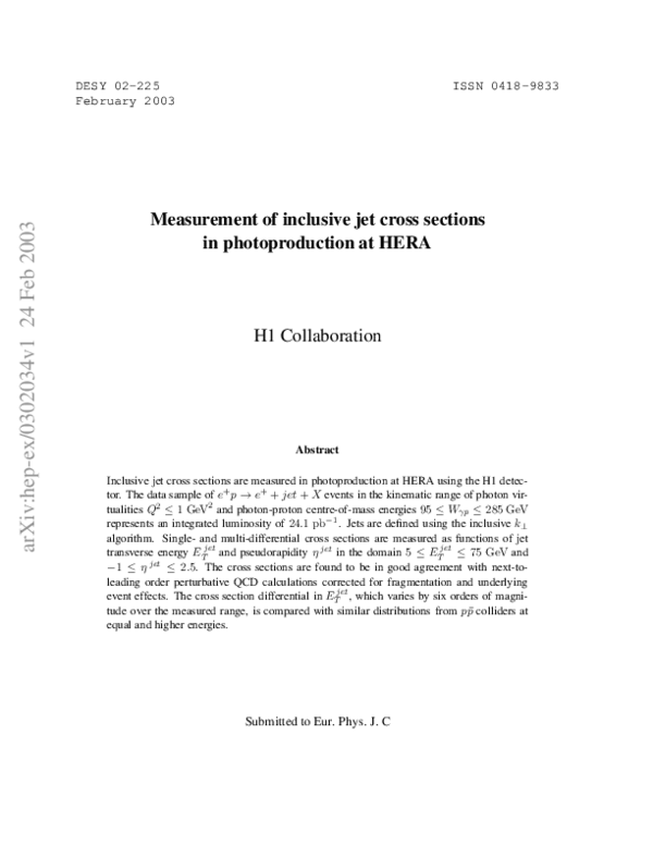(PDF) Measurement of inclusive jet cross sections in photoproduction at ...