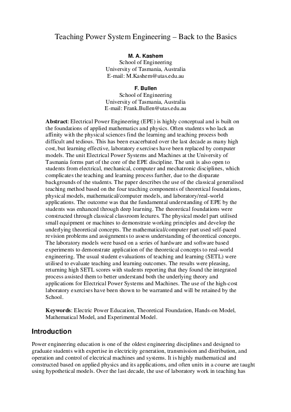 (PDF) Teaching Power System Engineering: Back to the Basics