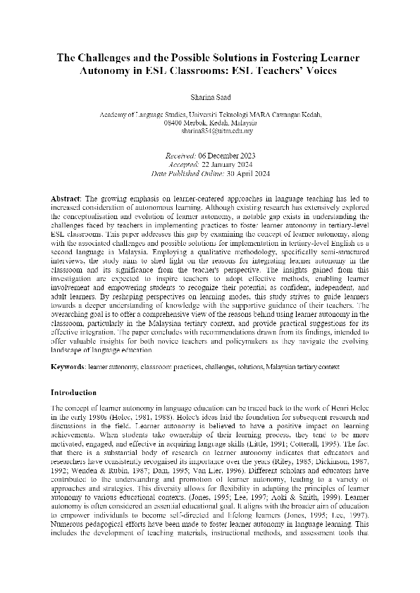 (PDF) The Challenges and the Possible Solutions in Fostering Learner Autonomy in ESL Classrooms ESL